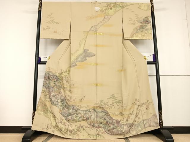 平和屋着物●訪問着　絞り　中国三大刺繍　汕頭刺繍　スワトウ刺繍　道長風景草花文　金糸　金彩　正絹　逸品　未使用　AAAT3125np