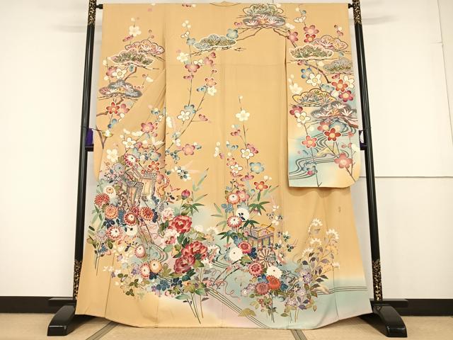 平和屋着物●豪華振袖　友禅　百楽　流水御所車草花文　暈し染め　正絹　逸品　AAAT3129np