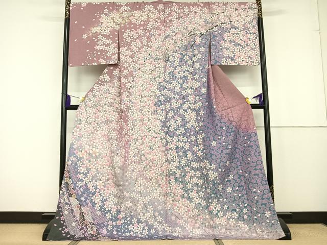 平和屋着物●訪問着　駒刺繍　枝桜　金糸　銀通し地　ロング丈　正絹　逸品　AAAT3144np
