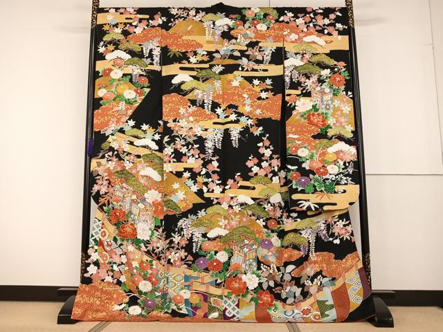 平和屋着物●豪華振袖　友禅　幔幕御所車草花文　黒地　金糸　金彩　正絹　逸品　AAAT3148np