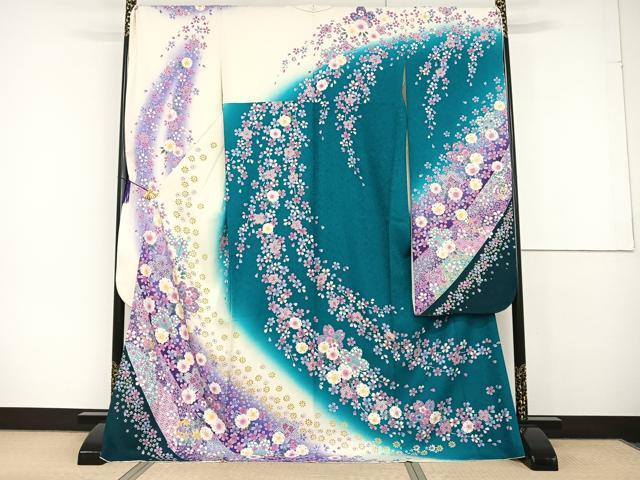 平和屋着物●豪華振袖　刺繍　舞桜　暈し染め　金銀糸　銀通し地　正絹　逸品　AAAT3150np