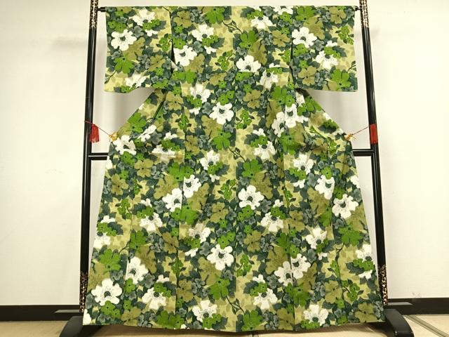 平和屋着物▽上質な紬　単衣　舞花文　正絹　逸品　AAAT3476fy