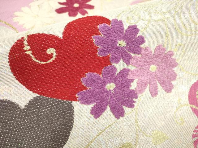 平和屋着物○振袖用 六通柄袋帯 an・an モール ハート 花 金
