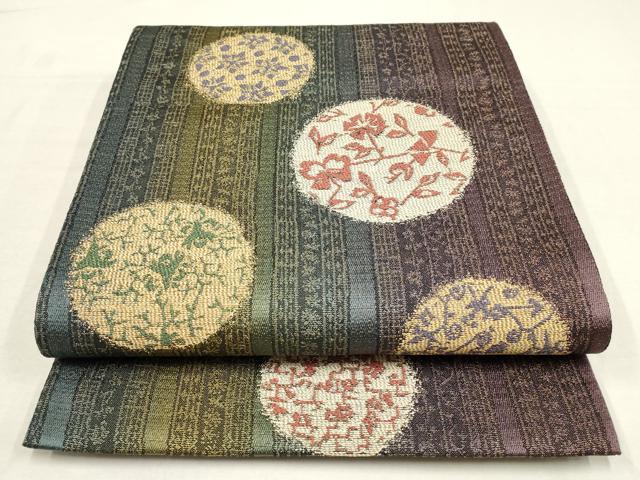 平和屋着物●両面　六通柄袋帯　本泥染袋帯　草花丸文　金糸　正絹　逸品　AAAT3799wj