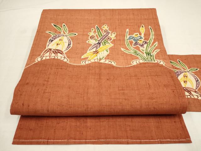 平和屋着物●人間国宝　芹沢圭介一番弟子　下平清人　九寸名古屋帯　型染　紬地　草花文　正絹　逸品　AAAT3809wj