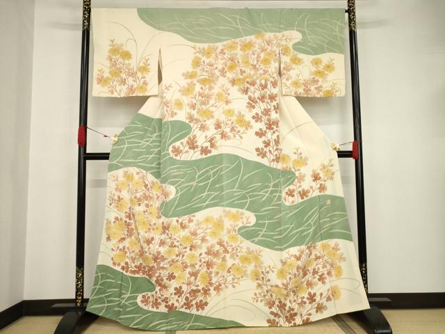 平和屋着物●訪問着　友禅　作家物　流水草花文　正絹　逸品　AAAT5160ck