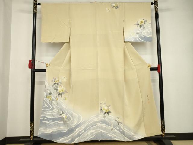 平和屋着物●訪問着　作家物　流水枝花文　正絹　逸品　AAAT5190ck