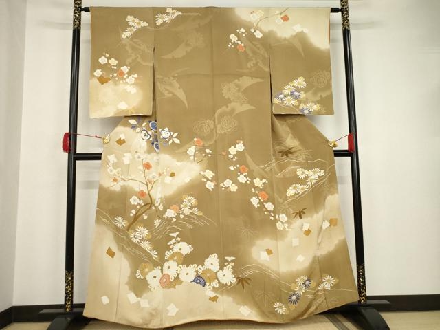 平和屋着物●アンティーク　大正ロマン　訪問着　刺繍　枝花文　暈し染め　正絹　逸品　AAAT6609ck