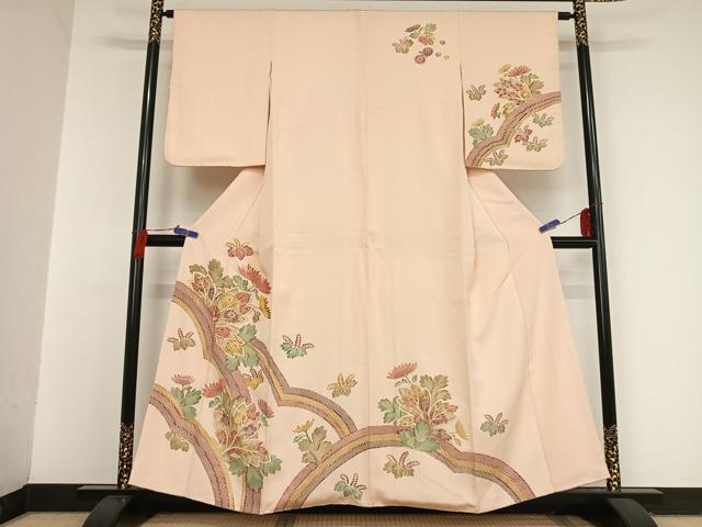 平和屋着物●摺型友禅　訪問着　駒刺繍　草花文　金彩　正絹　逸品　AAAT9477np