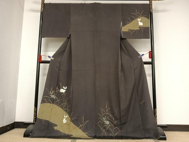 平和屋着物●ファッションデザイナー HIROKO KOSHINO コシノヒロコ 訪問着 絞り 刺繍 兎 金彩 金銀糸 ロング丈 正絹 逸品 AAAU0132np