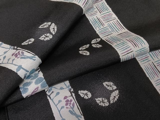 平和屋着物●上質な小紋　草花間道　黒地　丹後ちりめん　反端付き　正絹　逸品　AAAU0138np