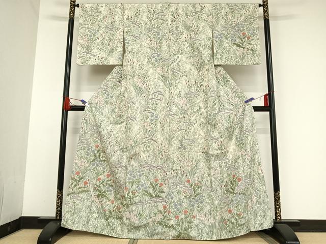 平和屋着物●本場染大島紬　訪問着　手描き　草花文　正絹　逸品　AAAU0153np