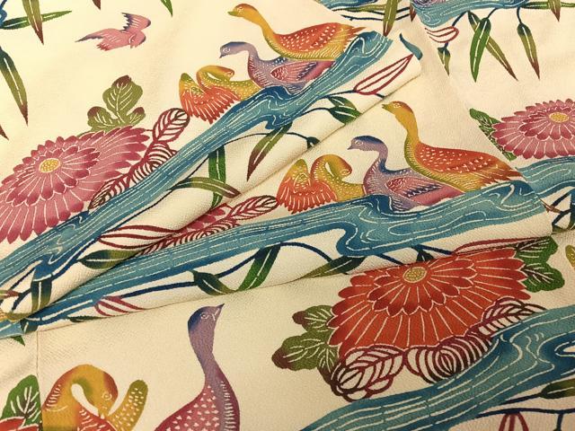 平和屋着物●紅型　小紋　流水花鳥文　鬼しぼ縮緬　正絹　逸品　AAAU0217np