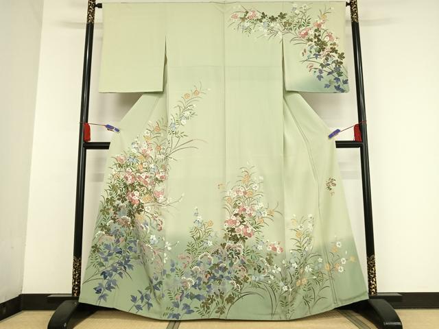 平和屋着物●高級染元　粋峰　林芳夫　京加賀友禅　訪問着　草花文　暈し染め　反端付き　やまと誂製　正絹　逸品　AAAU0235np