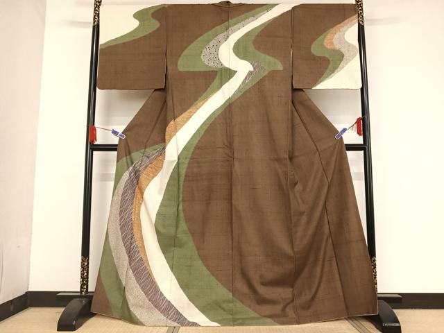 平和屋着物●染織の名門　しょうざん  生紬　訪問着　絞り　流水鹿の子文　正絹　逸品　AAAU0274np