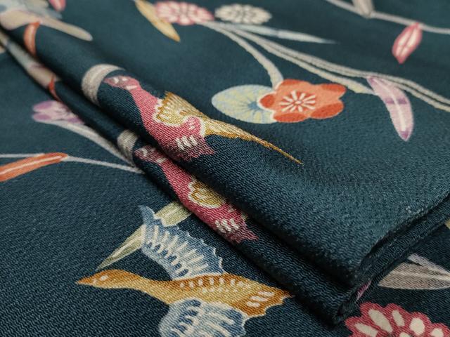 平和屋着物▽上質な小紋　単衣　型染め　花鳥文　鬼しぼ縮緬　正絹　逸品　AAAU0946iu