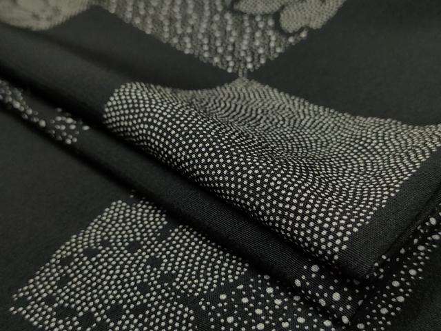 平和屋着物▽小紋　単衣　市松草花文　黒地　洗える着物　AAAU1160iu