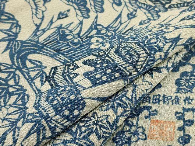 平和屋着物▽本場阿波藍染　角田智造　本藍型絵染　小紋　単衣　貝桶草花文　正絹　逸品　AAAU6431iu