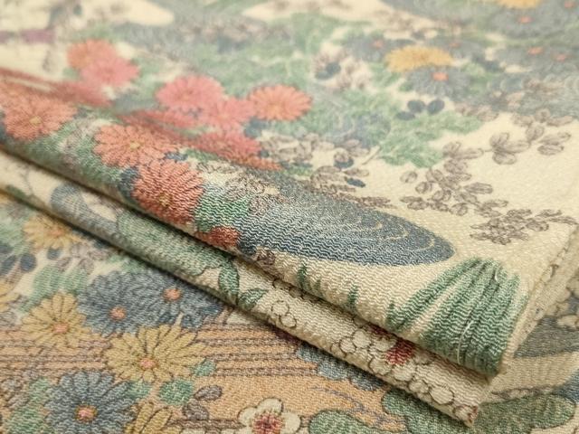 平和屋着物▽上質な小紋　単衣　風景草花文　鬼しぼ縮緬　ロング丈　正絹　逸品　未使用　AAAU6468iu