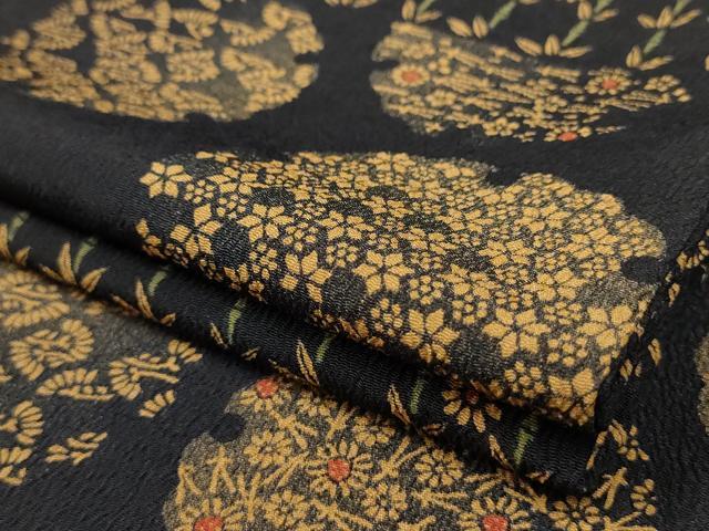 平和屋着物▽小紋　単衣　雪輪草花文　黒地　洗える着物　AAAU6490iu