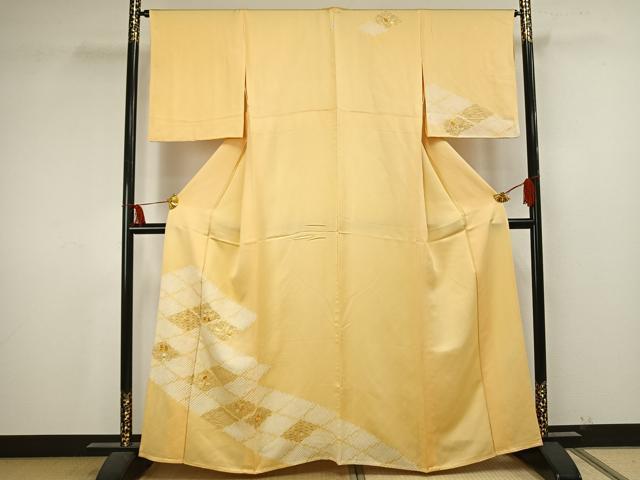 平和屋着物▽訪問着　単衣　絞り　刺繍　唐草花文　正絹　逸品　AAAU7983fy