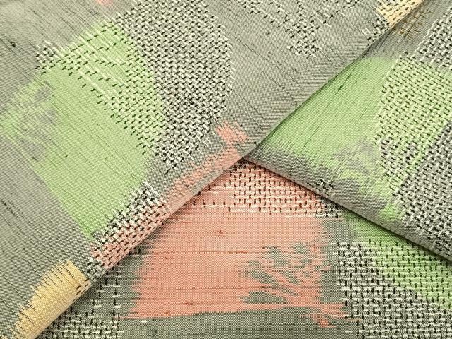 平和屋着物▽上質な紬　単衣　市松舞扇文　正絹　逸品　AAAU7995fy