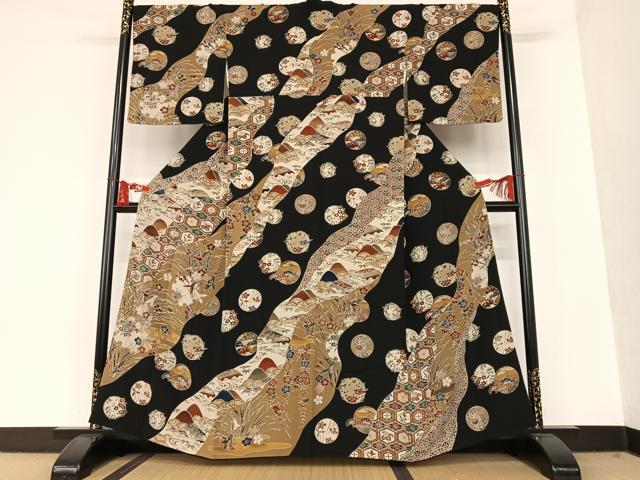平和屋着物●訪問着　型染め　風景花鳥文　松竹梅　黒地　正絹　逸品　AAAU8001zg