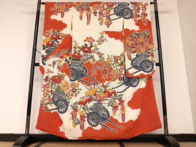 平和屋着物●和染紅型　栗山紅型　栗山吉三郎　振袖　飾花文　正絹　逸品　AAAU8082zg