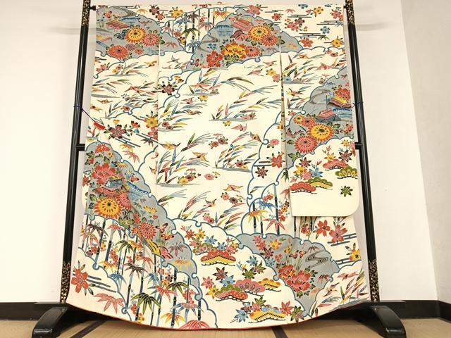 平和屋着物●紅型　振袖　風景花鳥文　松竹梅　正絹　逸品　AAAU8146zg