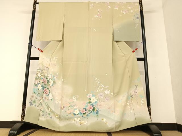 平和屋着物●訪問着　手描き　草花文　暈し染め　金銀彩　正絹　逸品　AAAU8184zg