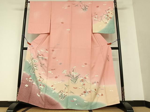 平和屋着物●新匠工芸士会会員　吉田匡廣　訪問着　刺繍　飾花文　枝梅　暈し染め　金彩　正絹　逸品　AAAU8221zg