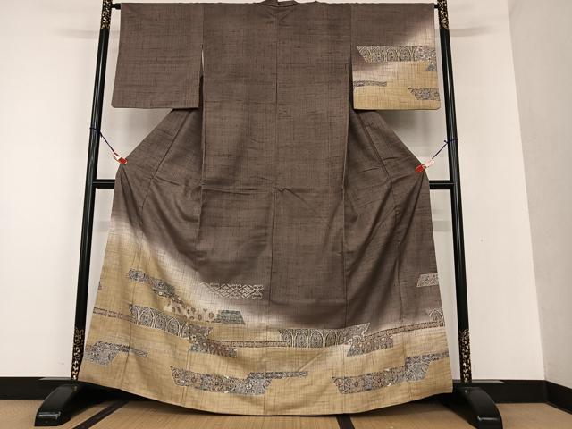 平和屋着物●染織の名門　しょうざん  生紬　訪問着　横段更紗花文　暈し染め　正絹　逸品　AAAU8281zg