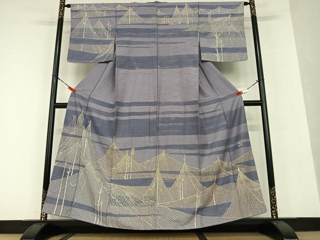 平和屋着物●訪問着　作家物　幸子　紬地　網干風景文　正絹　逸品　AAAU8322zg