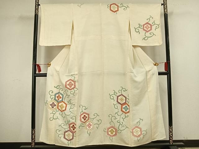 平和屋着物▽訪問着　単衣　駒刺繍　亀甲花文　金彩　正絹　逸品　未使用　AAAU8507fy