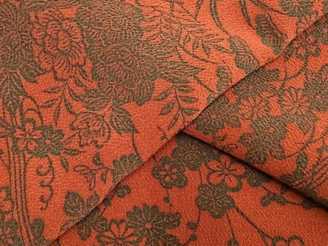 平和屋着物▽上質な小紋　単衣　型染め　草花文　鬼しぼ縮緬　正絹　逸品　AAAU8543fy