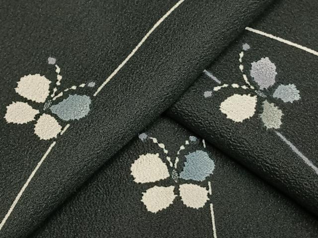 平和屋着物▽小紋　単衣　立涌舞蝶文　黒地　洗える着物　AAAU8555fy