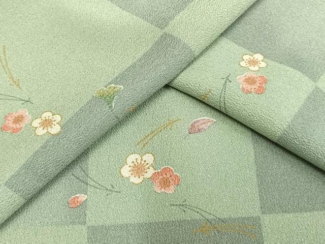 平和屋着物▽小紋　単衣　市松花文　洗える着物　AAAU8564fy