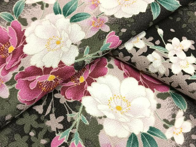 平和屋着物▽小紋　単衣　草花間道　黒地　洗える着物　AAAU8578fy