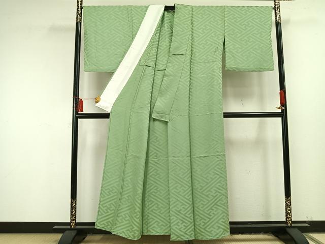 平和屋着物▽上質な小紋 単衣 紗綾形地紋 薄萌葱色 正絹 逸品