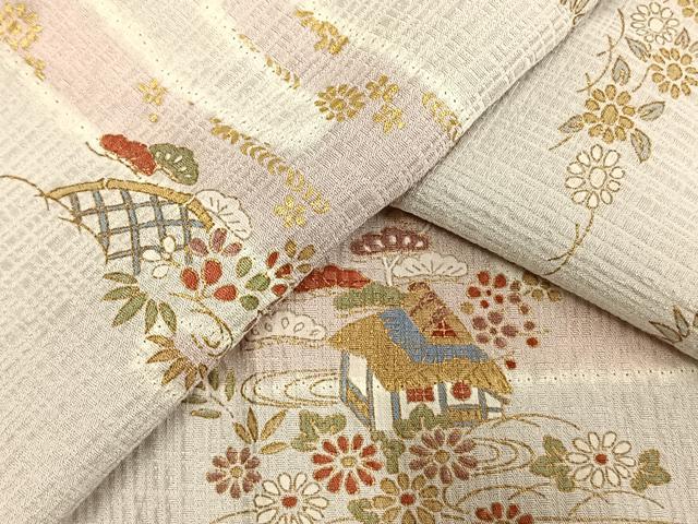 平和屋着物▽上質な小紋　単衣　絞り　風景草花文　正絹　逸品　AAAU8599fy