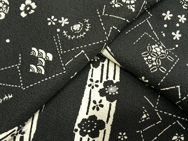 平和屋着物▽上質な小紋　単衣　草花文　黒地　正絹　逸品　AAAU8656fy