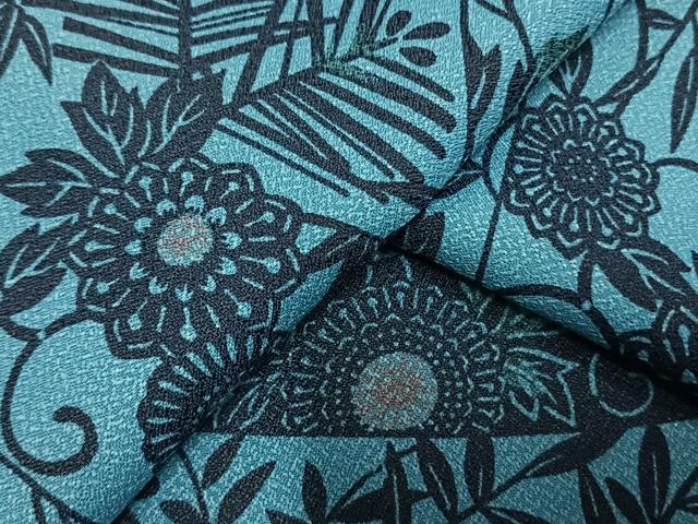 平和屋着物▽小紋　単衣　藍　型染め　花唐草文　洗える着物　未使用　AAAU8687fy