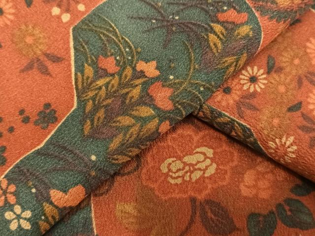 平和屋着物▽小紋　単衣　切嵌草花文　洗える着物　AAAU8701fy