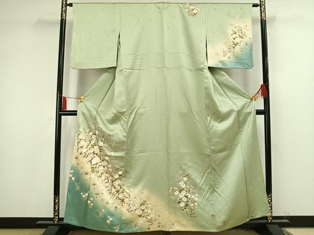 平和屋着物▽訪問着　単衣　駒刺繍　草花文　暈し染め　金彩　正絹　逸品　AAAV2586fy