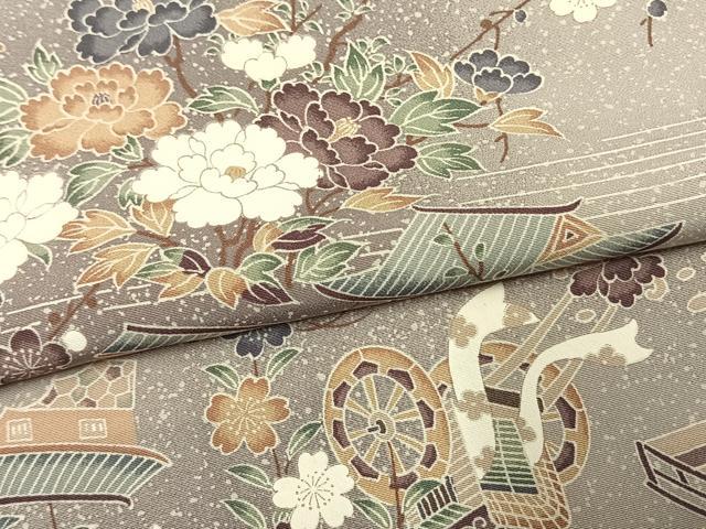 平和屋着物▽上質な小紋　単衣　風景草花文　正絹　逸品　AAAV2630fy