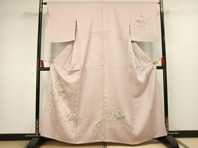 平和屋着物▽訪問着　単衣　駒刺繍　風景枝花文　正絹　逸品　AAAV2661fy