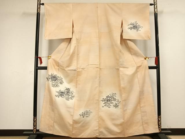 平和屋着物▽訪問着　単衣　紬地　風景草木文　正絹　逸品　AAAV2681fy