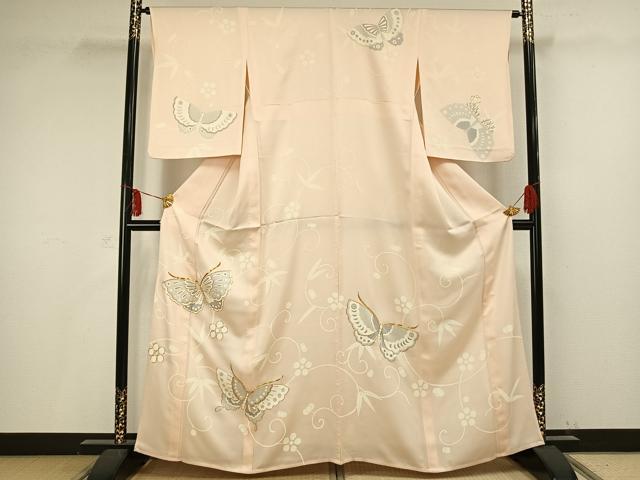 平和屋着物▽訪問着　単衣　駒刺繍　舞蝶文　正絹　逸品　AAAV2701fy