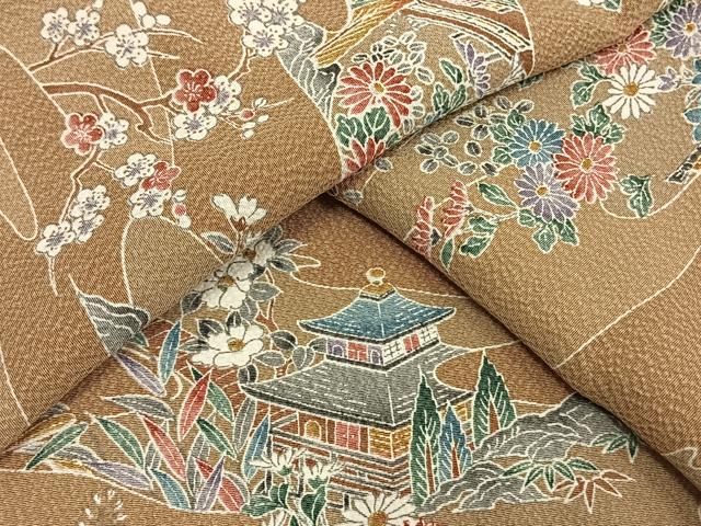 平和屋着物▽上質な小紋　単衣　風景草花文　正絹　逸品　AAAV2746fy