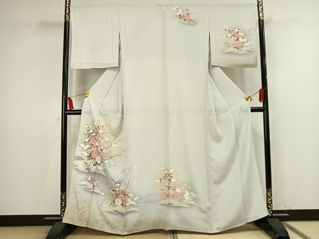 平和屋着物▽訪問着　単衣　友禅　草花文　暈し染め　金銀彩　正絹　逸品　AAAV2759fy